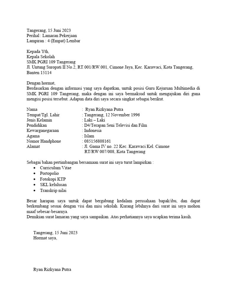 Surat Lamaran - Ryan Rizkyana Putra - PGRI 109 | PDF