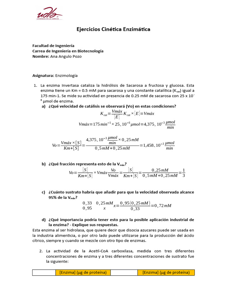 12 08 Enzimologia Resolucion de Ejercicios CINeTICA ENZIMaTICA | PDF | La cinética de enzimas ...