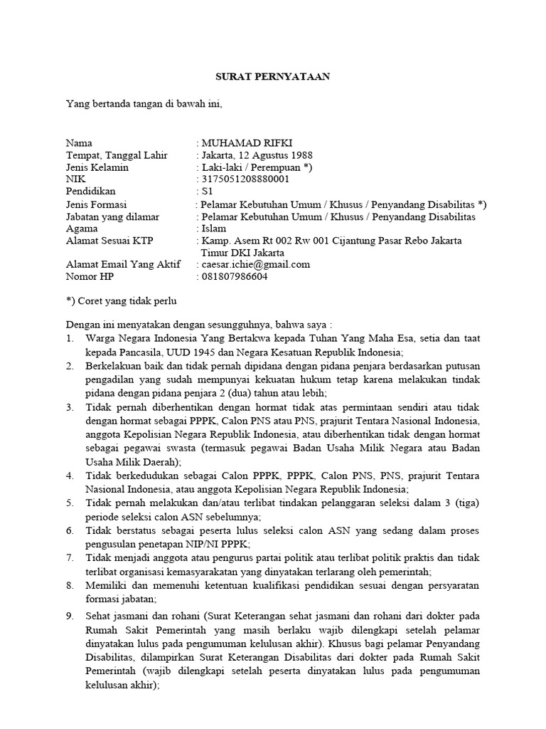Surat Pernyataan Pelamar ASN 2023 | PDF