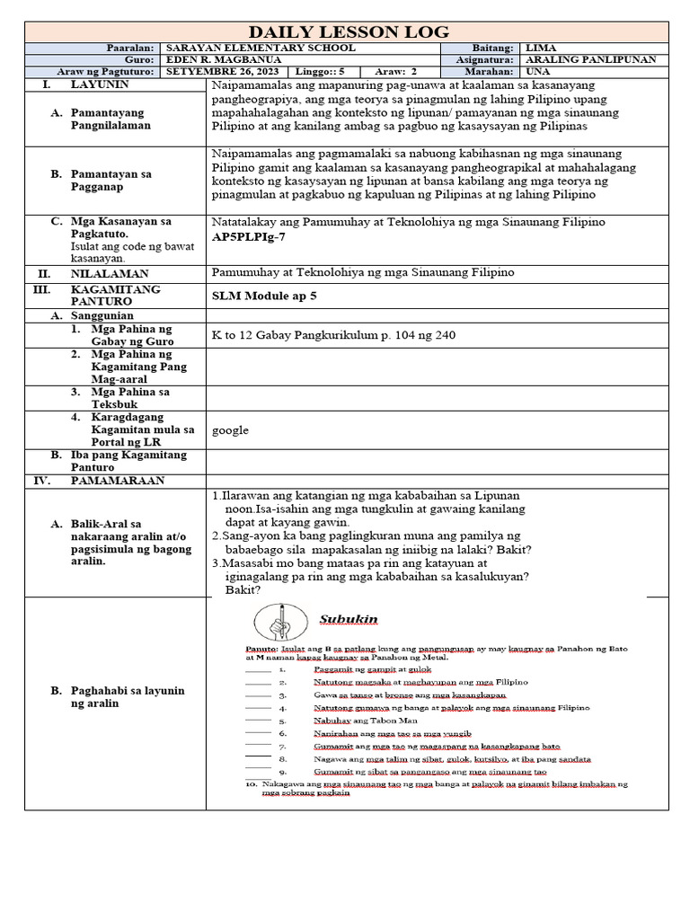 DLL-AP5-Q1-Week 5 Day 2 | PDF