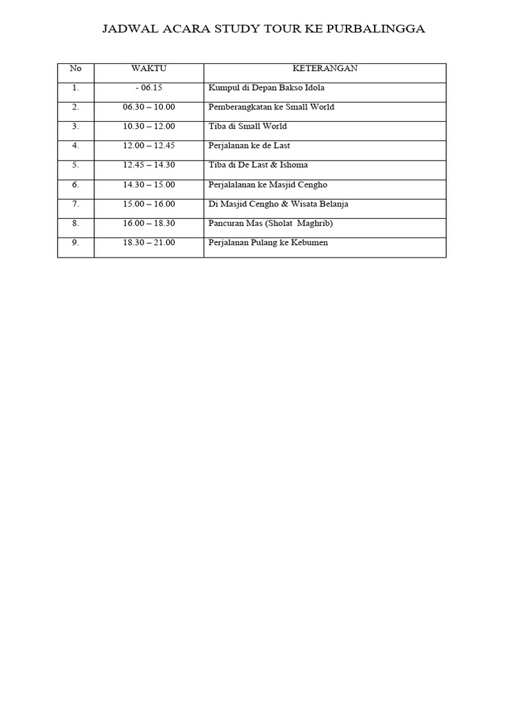 Jadwal Acara Study Tour Ke Purbalingga | PDF