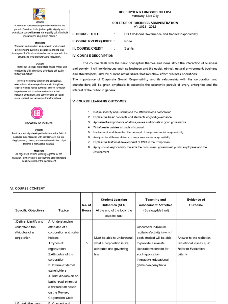 BC 102 - Good Governance and Social Responsibility - Syllabus | PDF ...