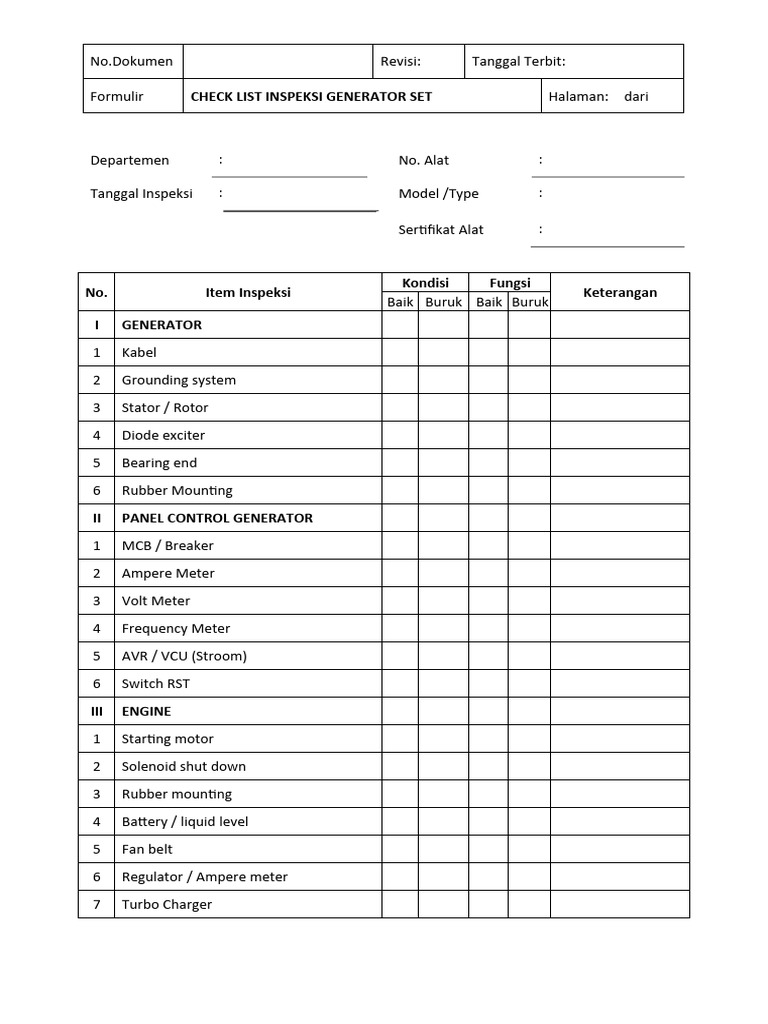 Form Check List Inspeksi Generator Set | PDF