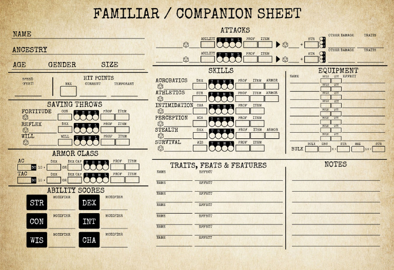 PF 2E Familiar Companion Sheet Fillable | PDF