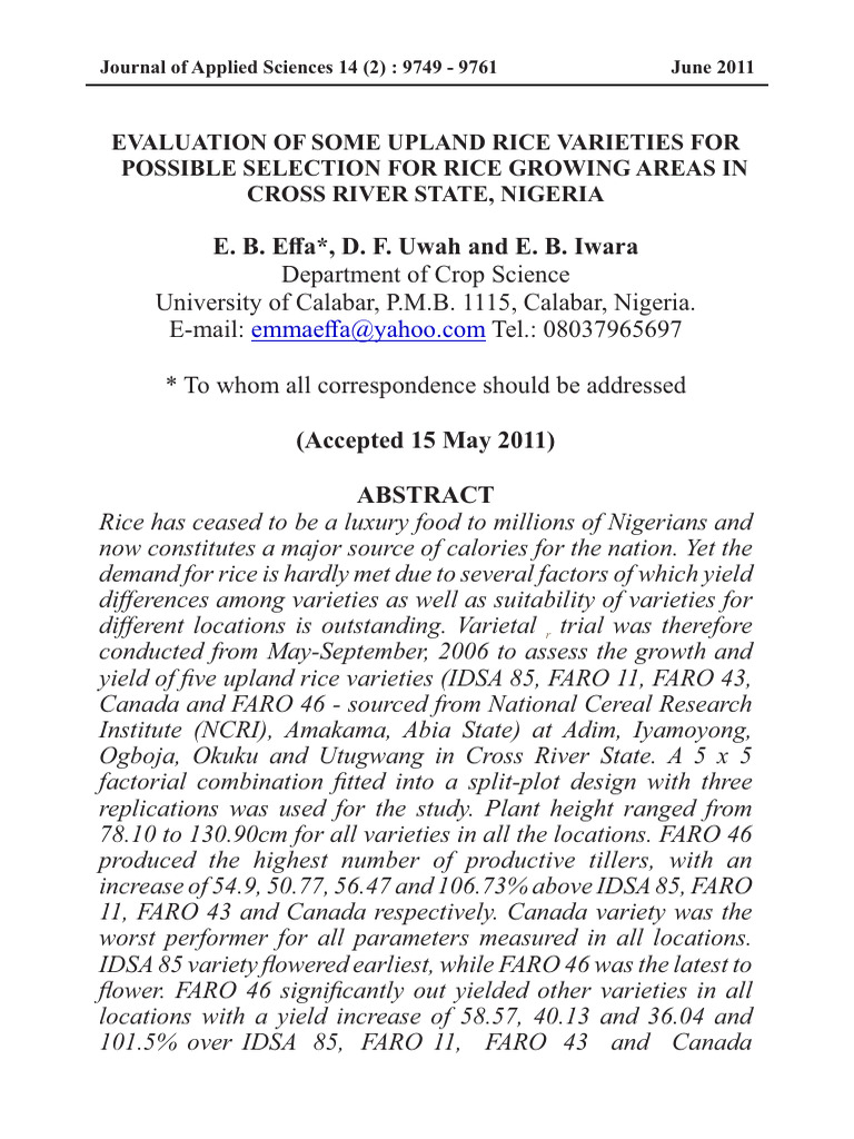 Evaluation of Some Upland Rice Varieties For Possible Selection For Rice Growing Areas in Cross ...