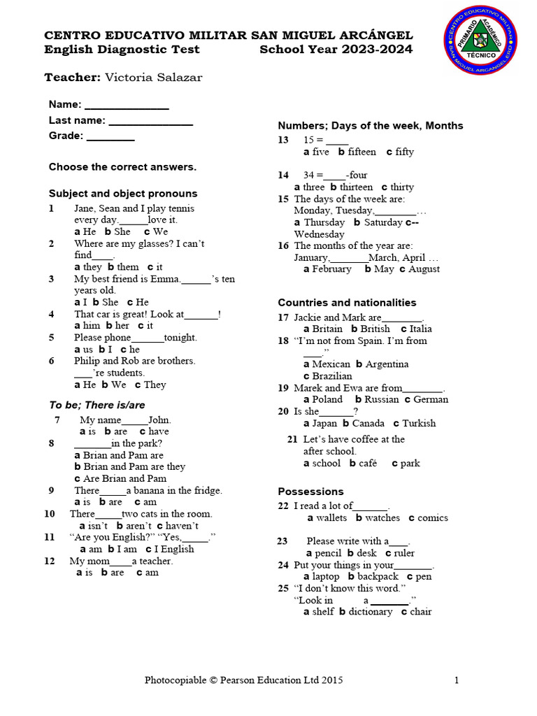 3rd GRADE Diagnostic Test 2023-2024 (1) | PDF