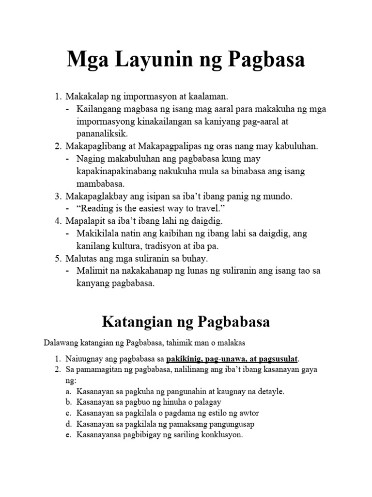 Mga Layunin ng Pagbasa Summary | PDF