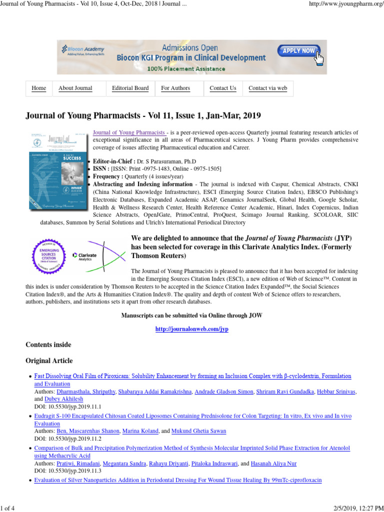 Journal Young Pharmacist Content | PDF | Academic Journal | Scholarly ...