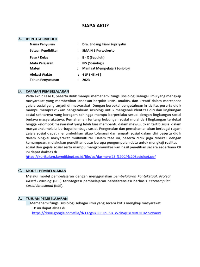 Modul Ajar Sosiologi - SIAPA AKU - Fase E | PDF