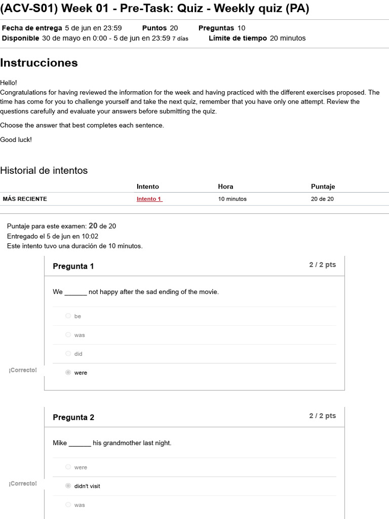 (ACV-S01) Week 01 - Pre-Task - Quiz - Weekly Quiz (PA) - INGLES IV (8264) | PDF