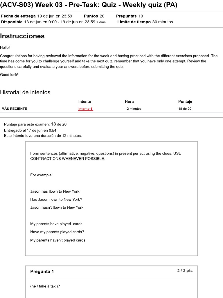 (ACV-S03) Week 03 - Pre-Task - Quiz - Weekly Quiz (PA) - INGLES IV (8264) | PDF