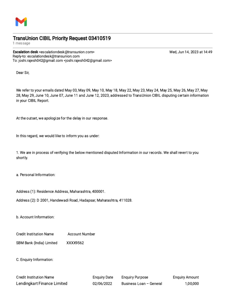 CIBIL Dispute Response and Instructions | PDF