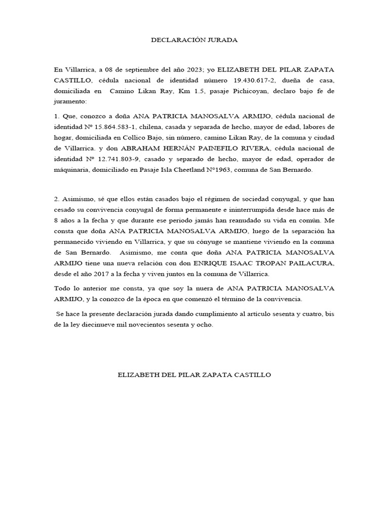 Declaración Jurada Testigos | PDF | Instituciones sociales | Matrimonio