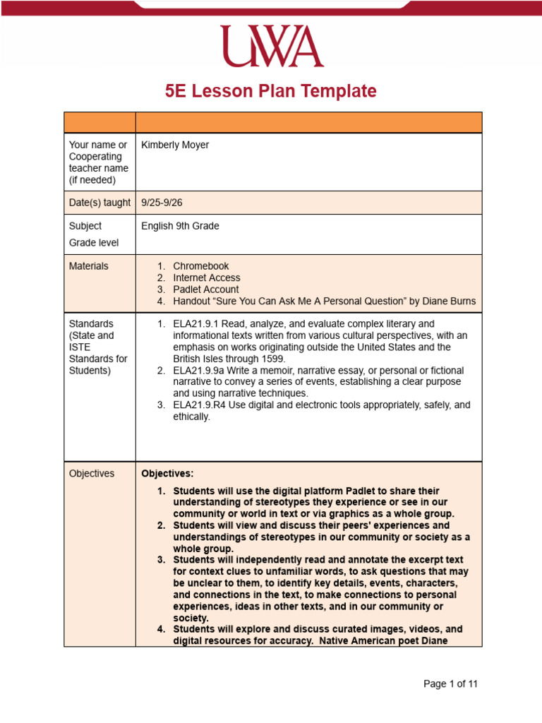 Moyer 5e Lesson Plan Template | PDF | Poetry | Stereotypes