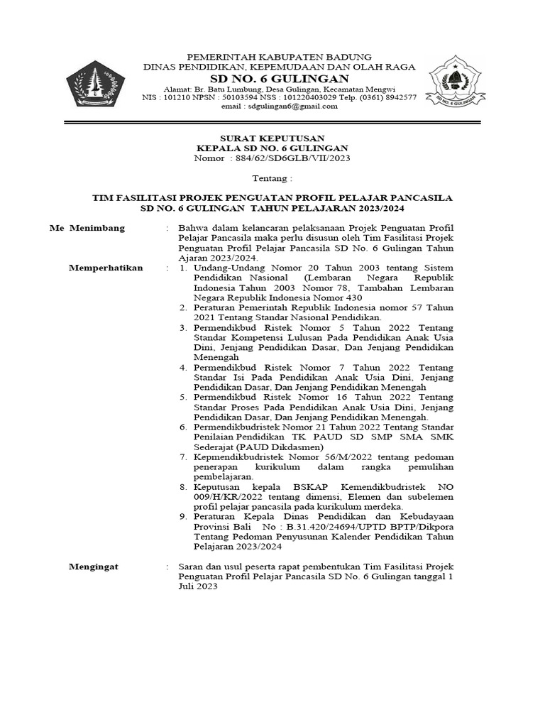 SK Tim Fasilitasi Projek P5 SD No. 6 Gulingan 2023-2024 | PDF