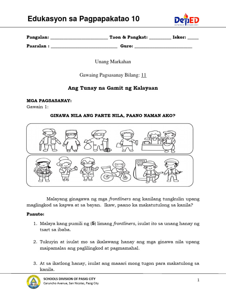 EsP 10 Q1 G.Pagsasanay 11 | PDF