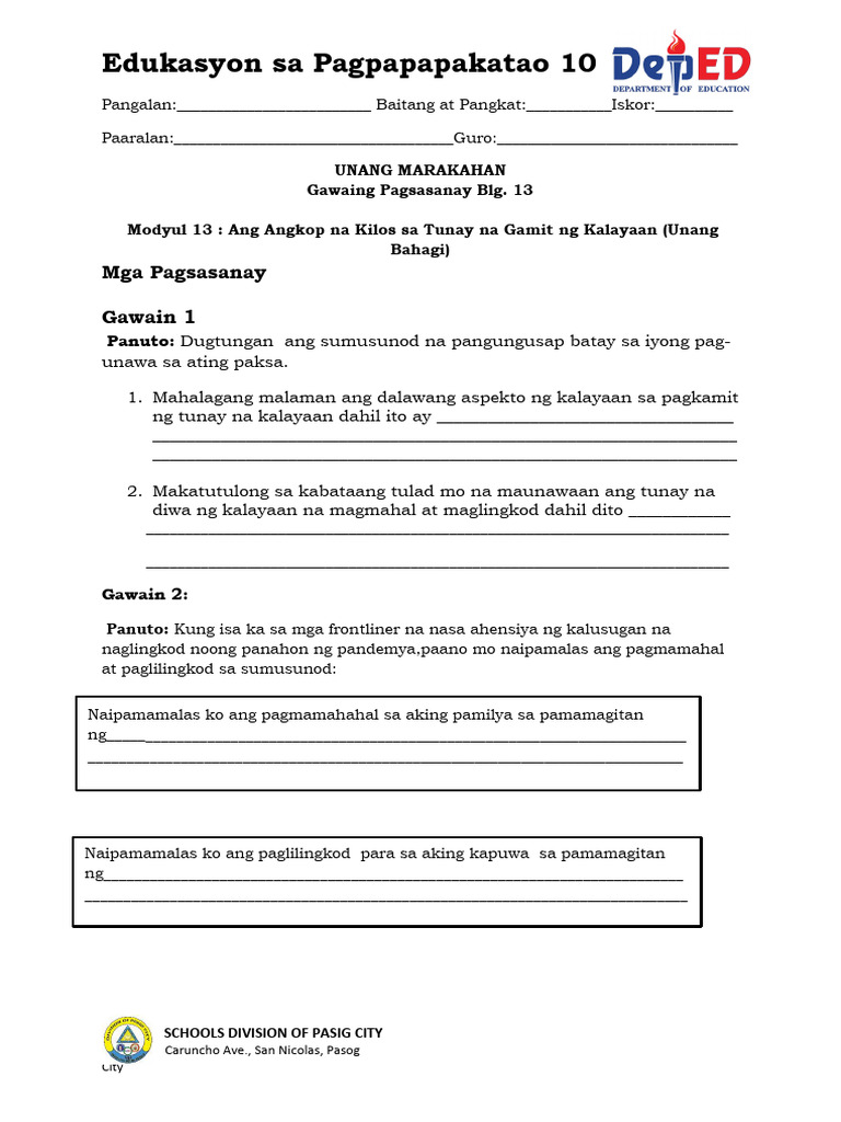 EsP 10 Q1 G.Pagsasanay 13 | PDF