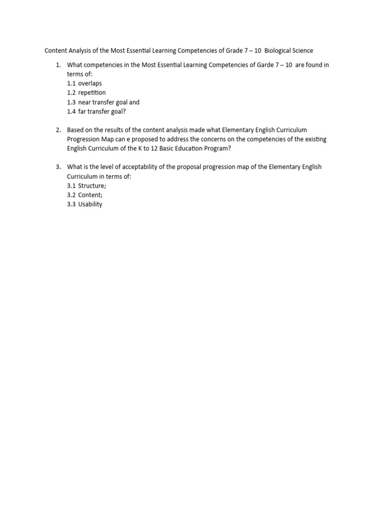 Content Analysis of The Most Essential Learning Competencies of Grade 7 ... Content Analysis of The Most Essential Learning Competencies of Grade 7 ...