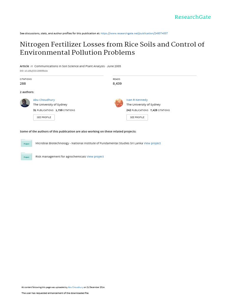 Nitrogen Fertilizer Losses From Rice Soils and Control of Environmental ...