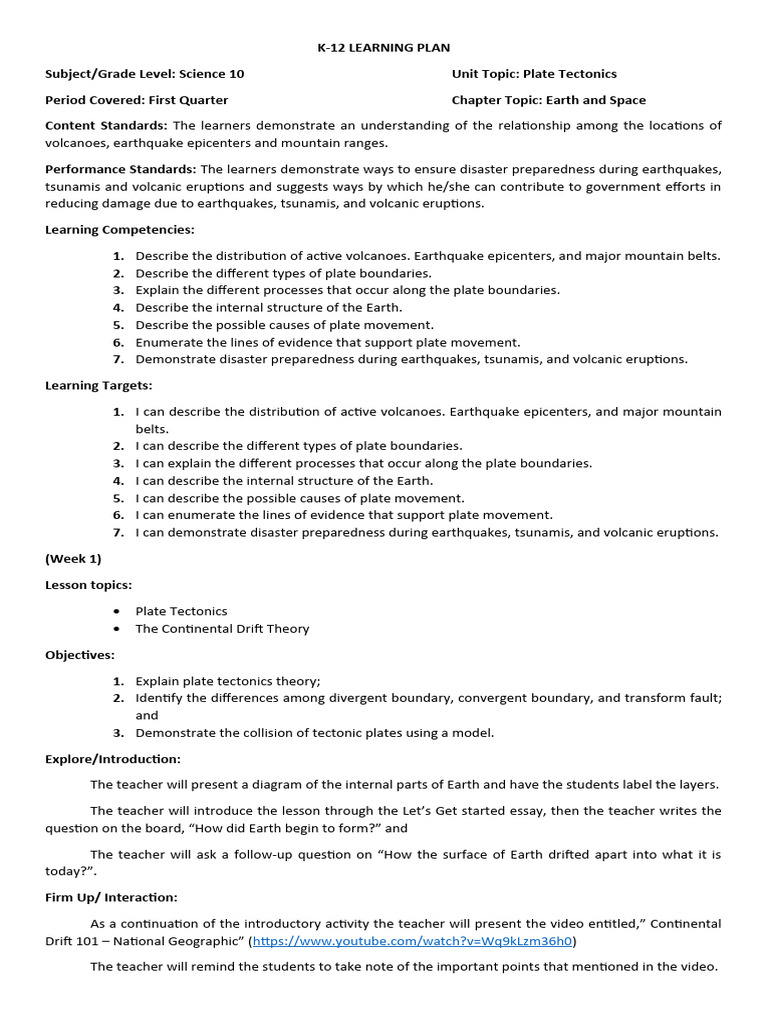Learning Plan Grade 10 | PDF | Plate Tectonics | Earthquakes