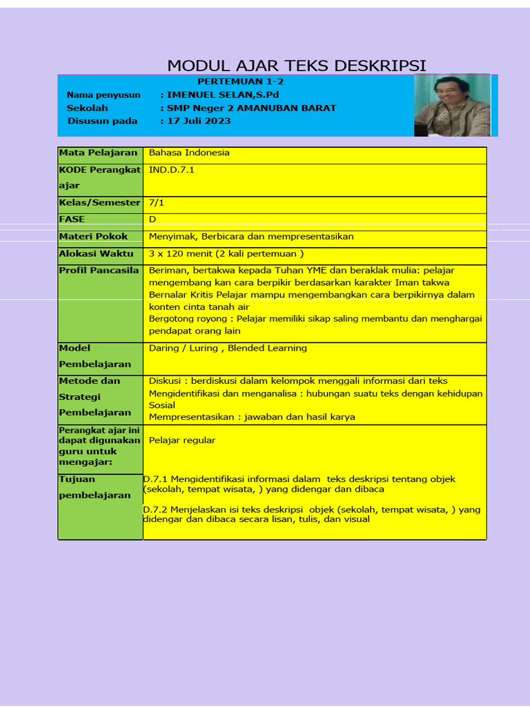 MODUL AJAR TEKS DESKRIPSI BAGIAN 1 | PDF