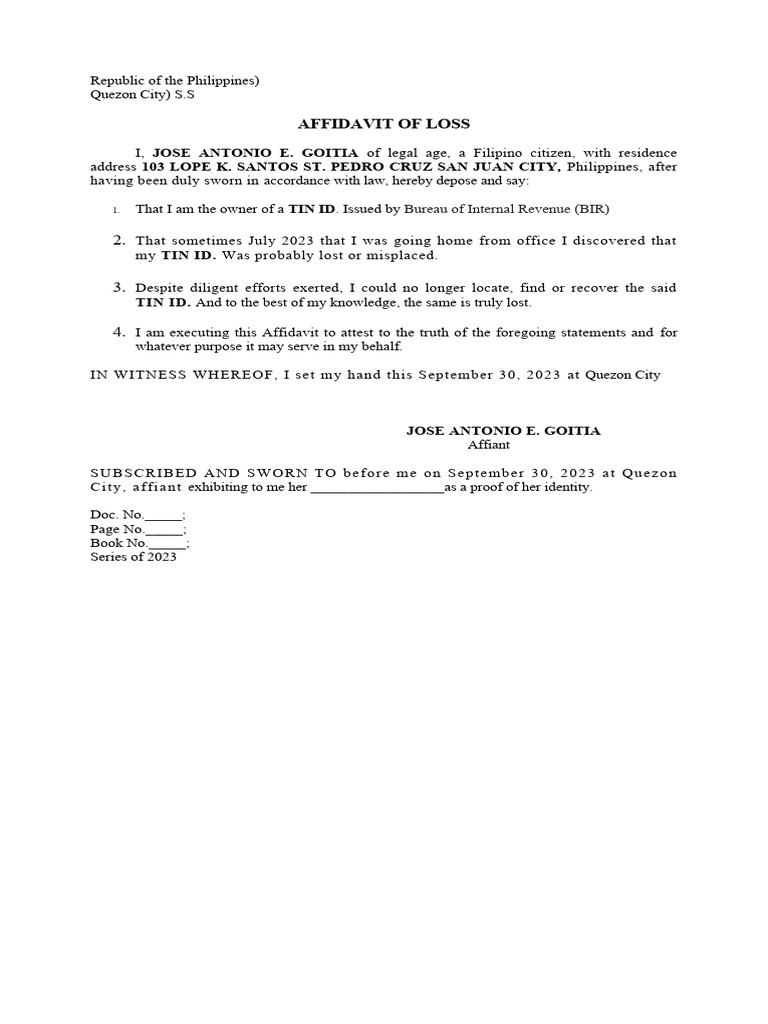 Affidavit of Loss JOSE ANTONIO E. GOITIA | PDF