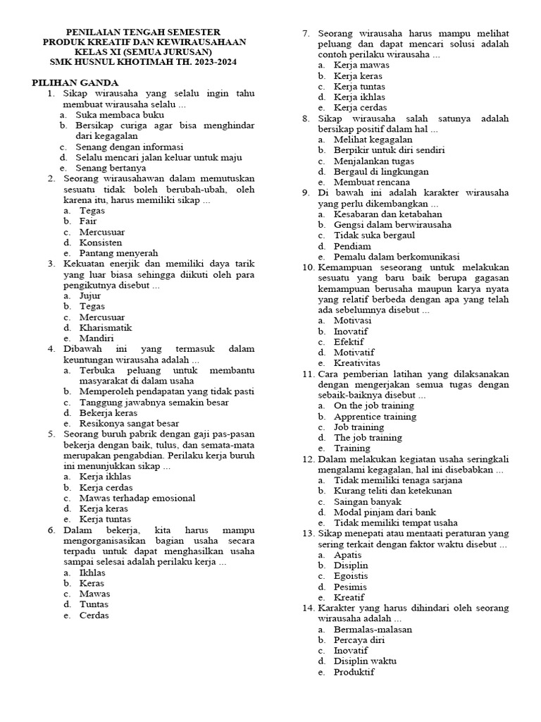 Soal Uts Kelas Xi HK | PDF