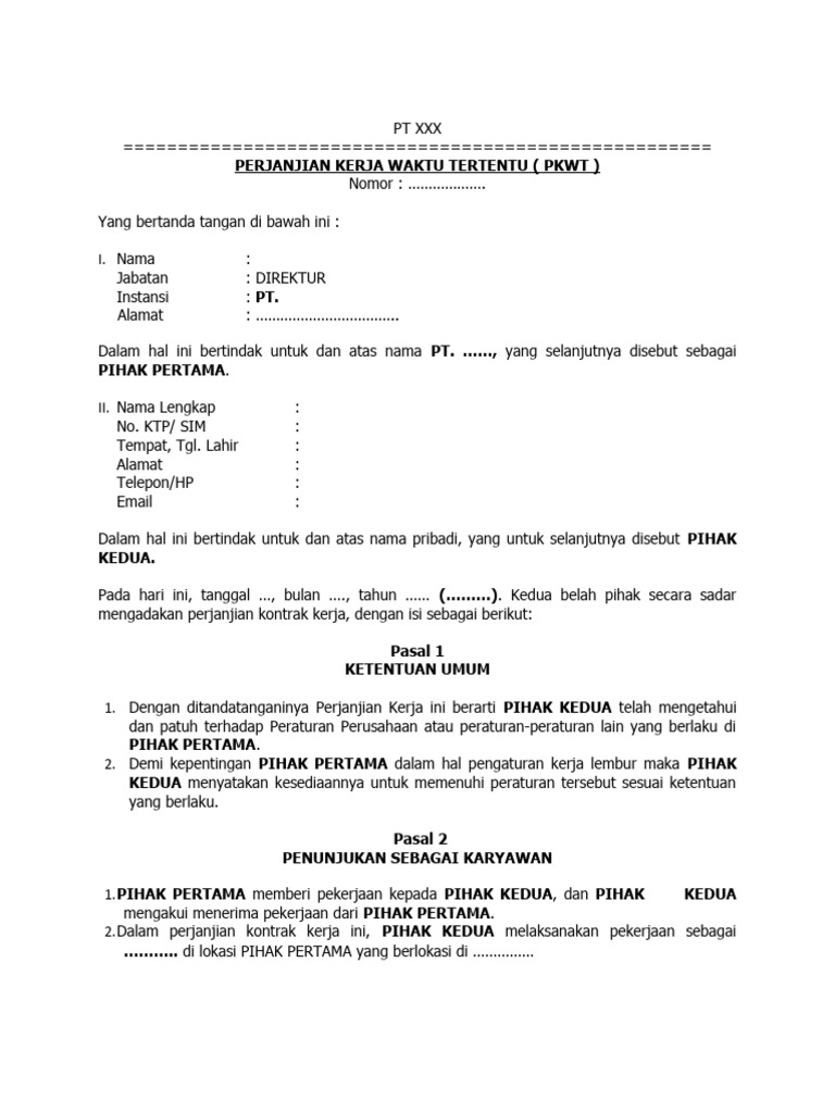 Surat Perjanjian Kerja Waktu Tertentu Pkwt Pdf