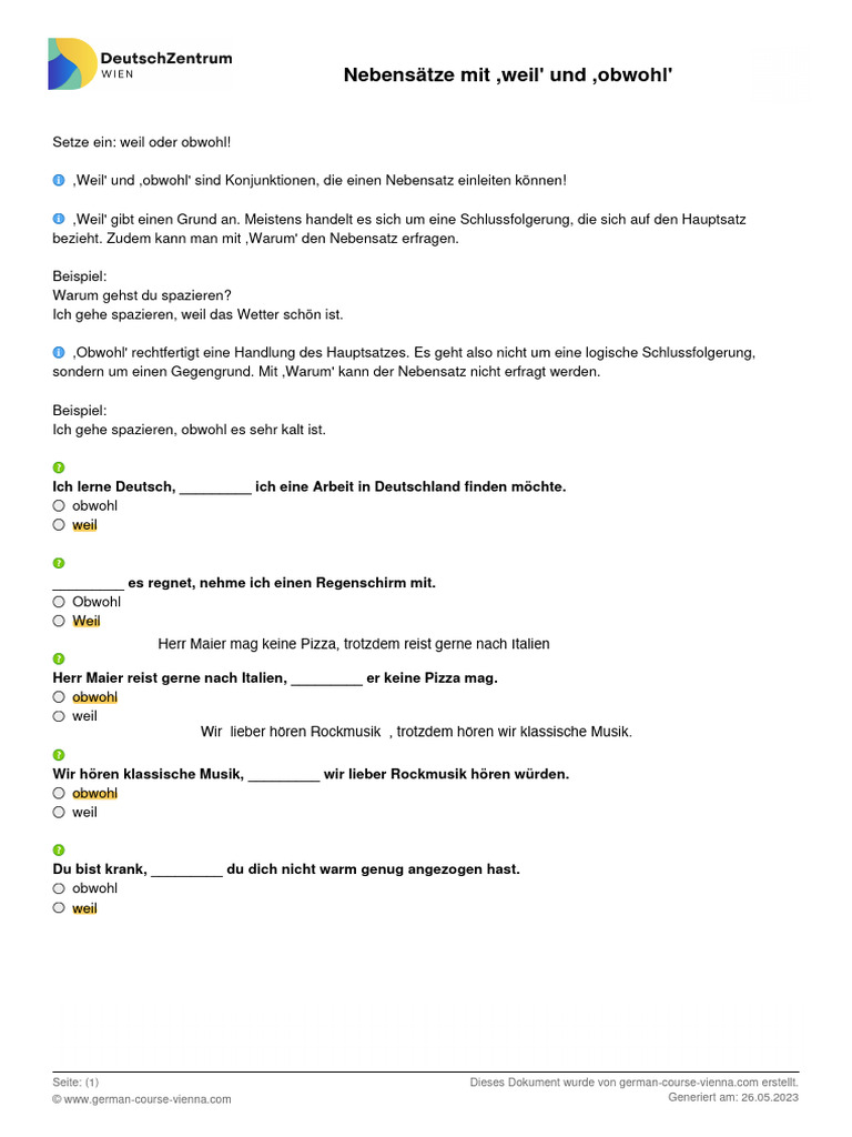Nebensaetze Weil Und Obwohl - Unlocked | PDF