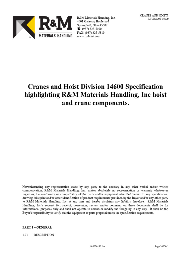 Cranes and Hoist Division 14600 Specification | PDF