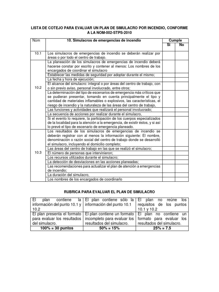 Lista de Cotejo para Evaluar Un Plan de Simulacro Por Incendio | PDF