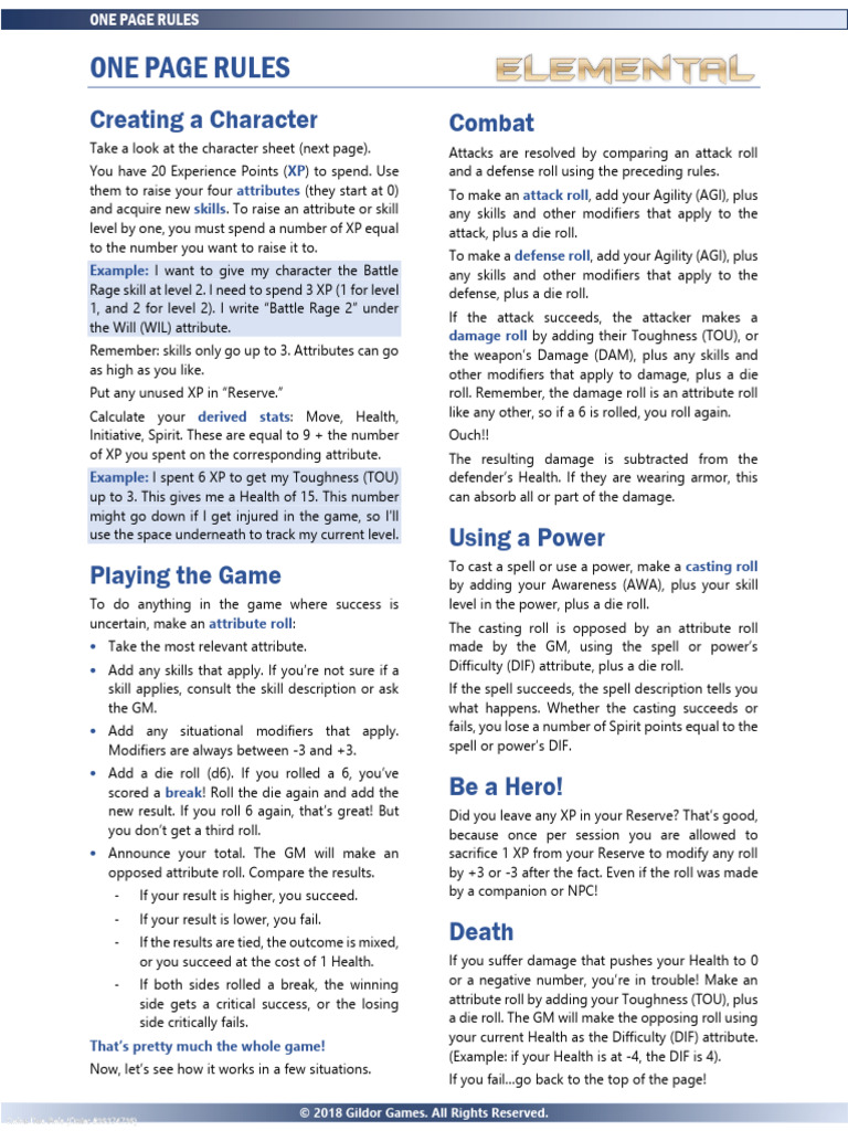 ELEMENTAL - One - Page - Rules - v1.0 (Sistema) | PDF