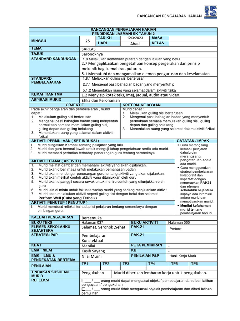 RPH Minggu 25 Pendidikan Jasmani THN 2 2023 by Cikgu Gorgeous | PDF