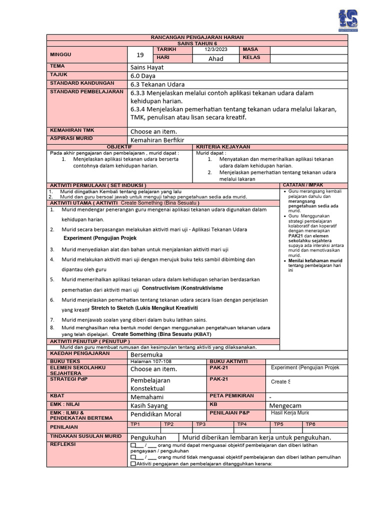 RPH Minggu 19 Sains THN 6 2023 by Cikgu Gorgeous | PDF