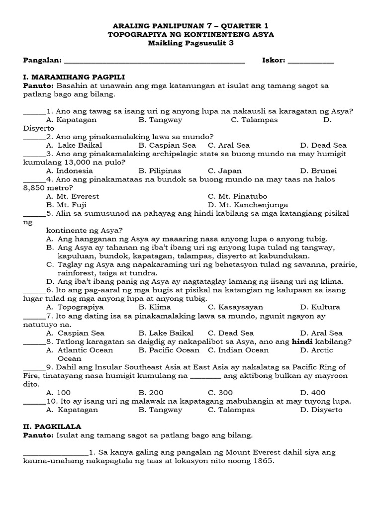 Q3 Topograpiya NG Kontinenteng Asya - Ap 7 | PDF