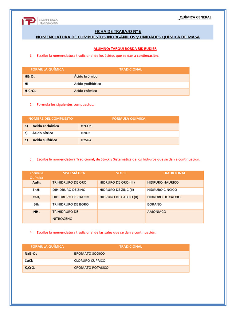 Ficha de Trabajo 6 Nomenclatura de Comp. Inorgánicos TARQUI | PDF | Ácido | Ácido sulfúrico