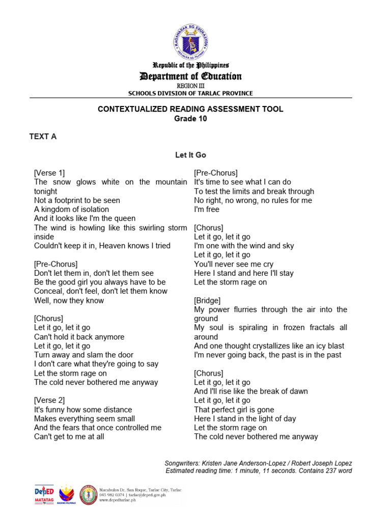 Grade 10. Contextualized Reading Assessment Tool | PDF