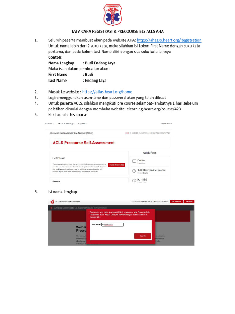TATA CARA REGISTRASI & PRE TEST BLS ACLS AHA | PDF