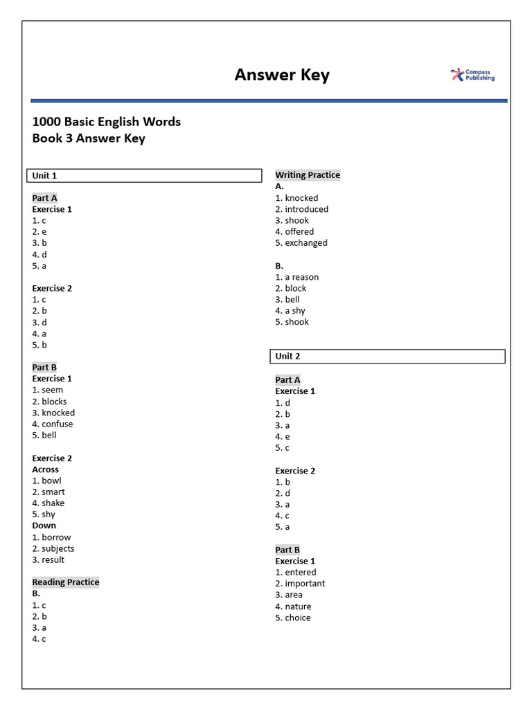 1000 Basic English Words 3_Answer Key | PDF