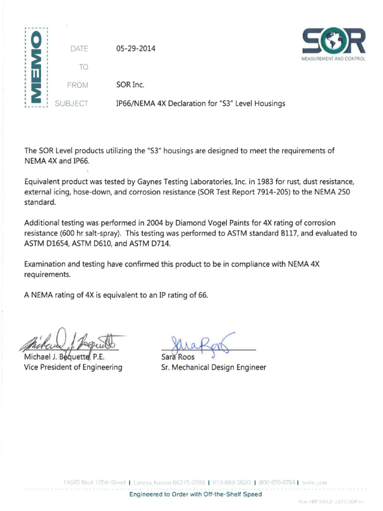 IP66 - NEMA 4X Declaration For S3 Hsgs | PDF