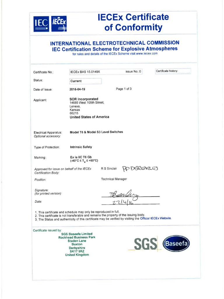 IECEx BAS 15.0149X (S3 & T6) | PDF