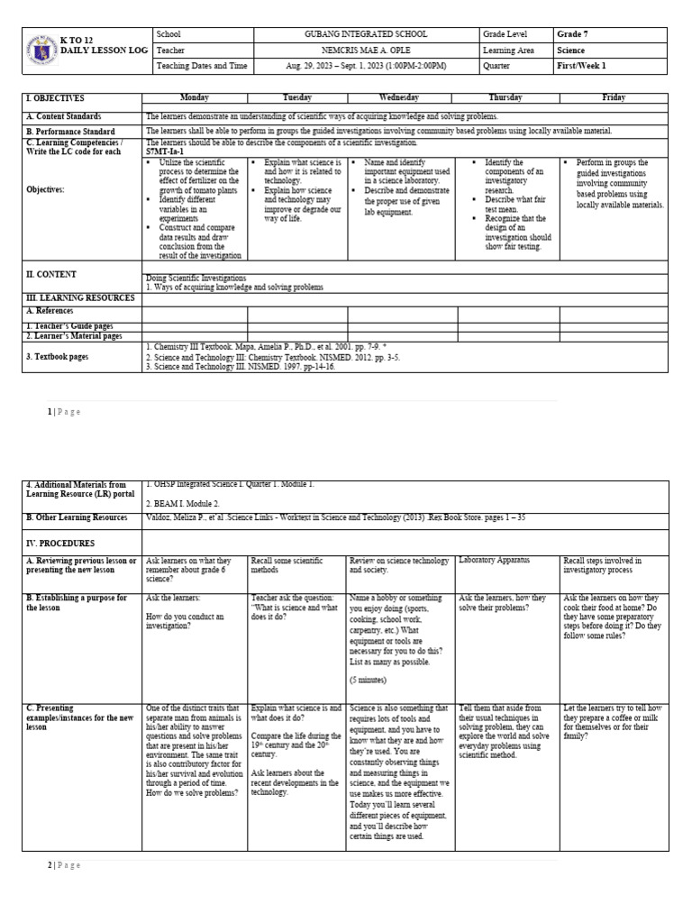 DLL Science 7 q1 Week 1 | PDF