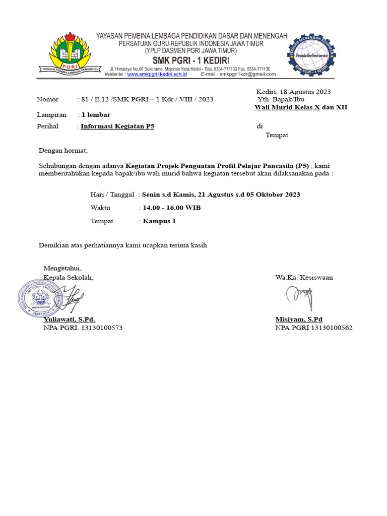 Edaran Pemberitahuan Walimurid Kegiatan P5 | PDF