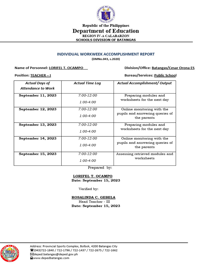 Weekly Accomplishment Report - SDO - Header Footer | Download Free PDF ...