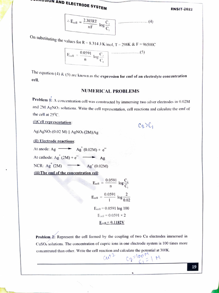 EMF of Cell Numericals | PDF | Electrode | Electrochemistry
