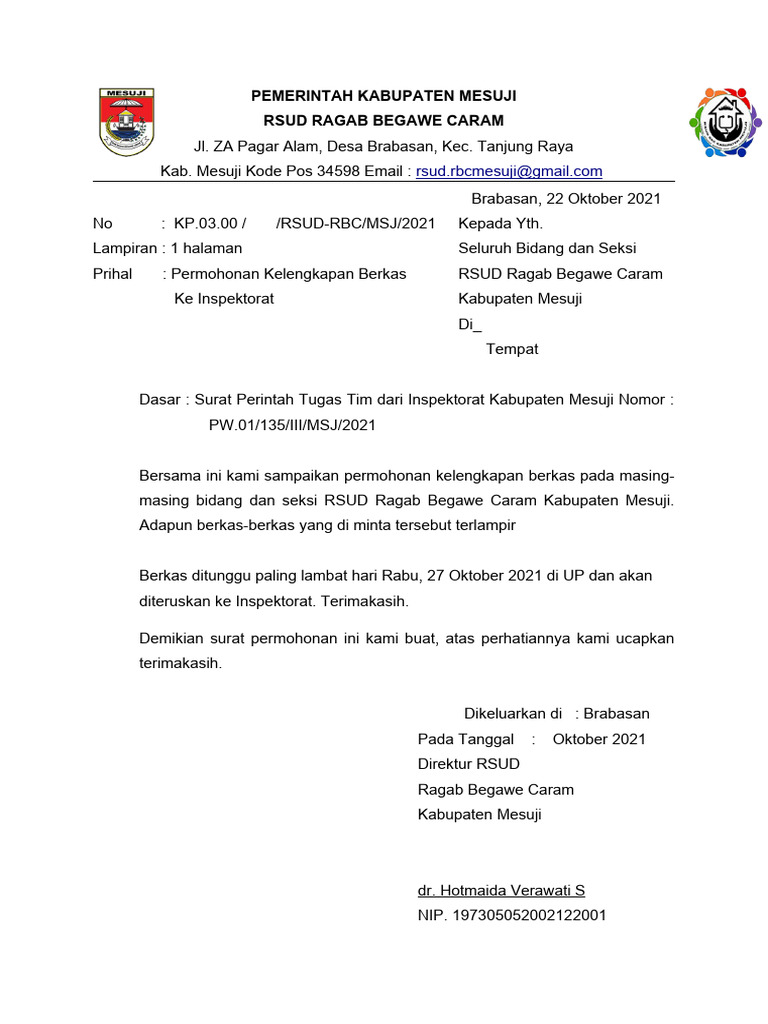 Surat Permohonan Permintaan Kelengkapan Dokumen Ke Inspektorat | PDF