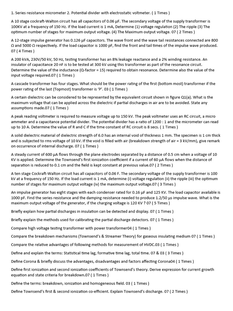 Sloution To Que Paper - HVE (S-11 To S-22) PDF | PDF | Electrical Breakdown | Capacitor