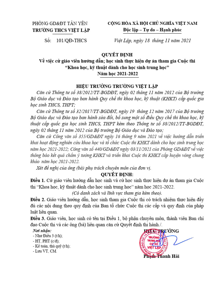 101 QD Cu GV Ho Tro Du An KHKT Cua Hoc Sinh Nam Hoc 2021-2022 Signed Signed C1fac19407 | PDF