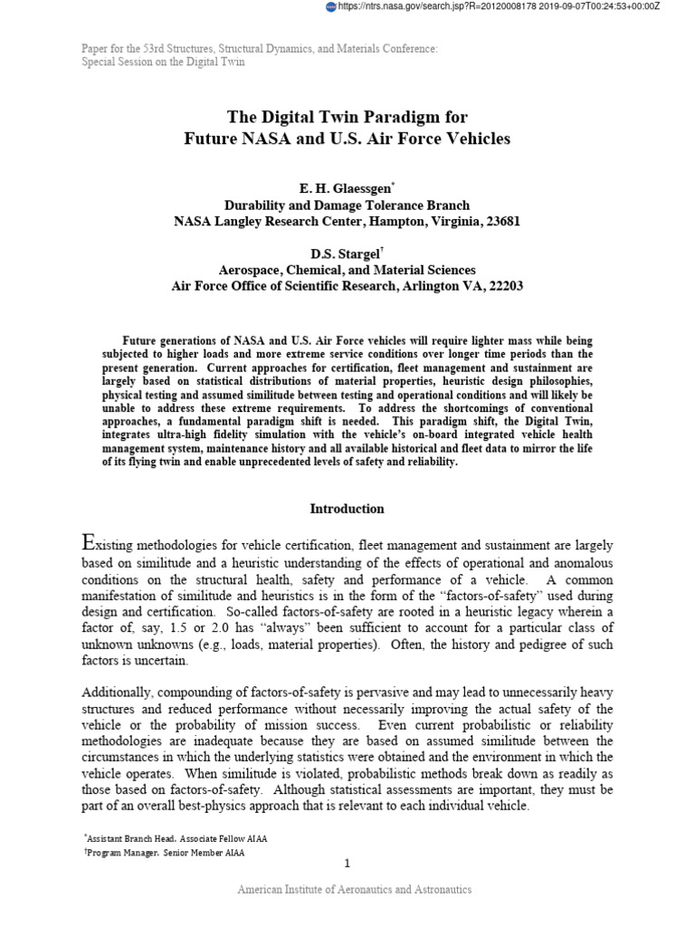 The Digital Twin Paradigm For Future NASA and U.S. Air Force Vehicles | PDF
