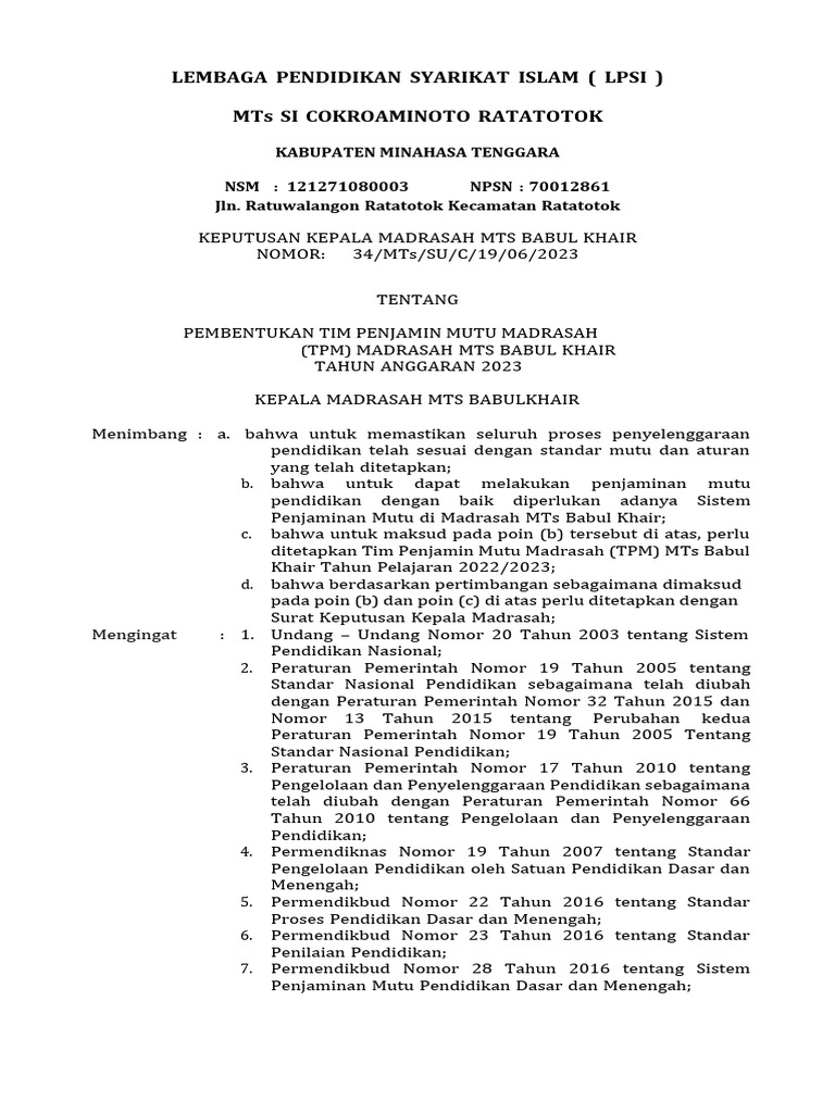SK TIM PENJAMIN MUTU MADRASAH (TPM) 2023.docx - Google Dokumen | PDF